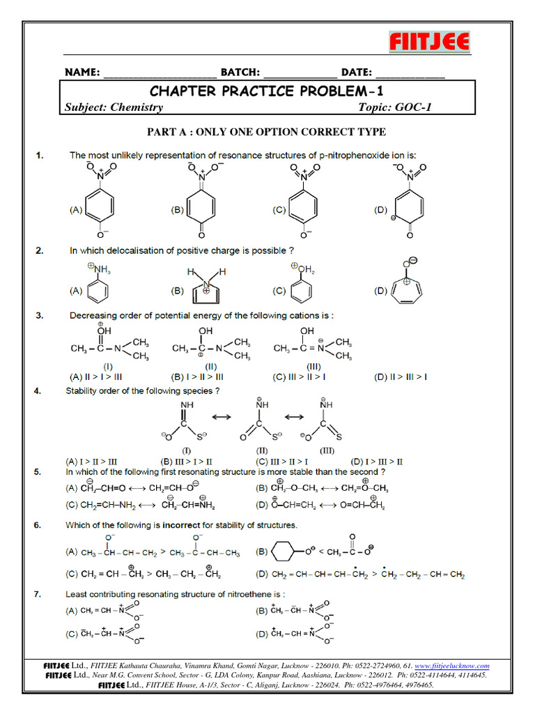 Chemistry Practice Problems for FIITJEE | PDF