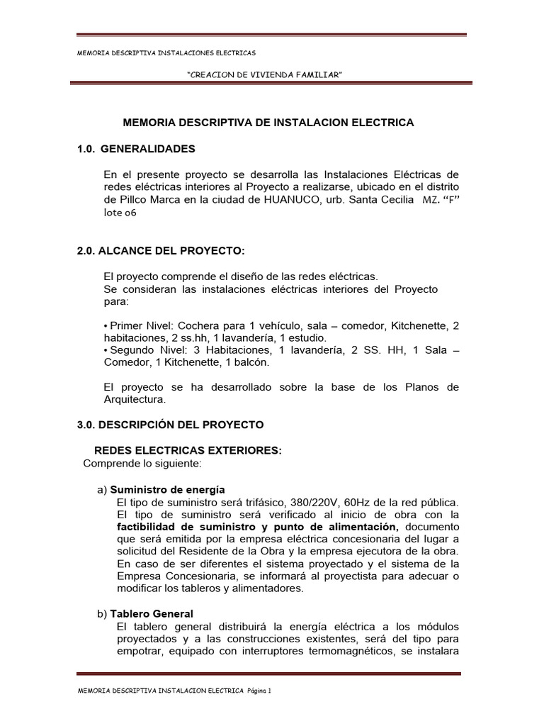 6 MEMORIA DESCRIPTIVA DE INSTALACIONES ELECTRICAS Marissa | PDF