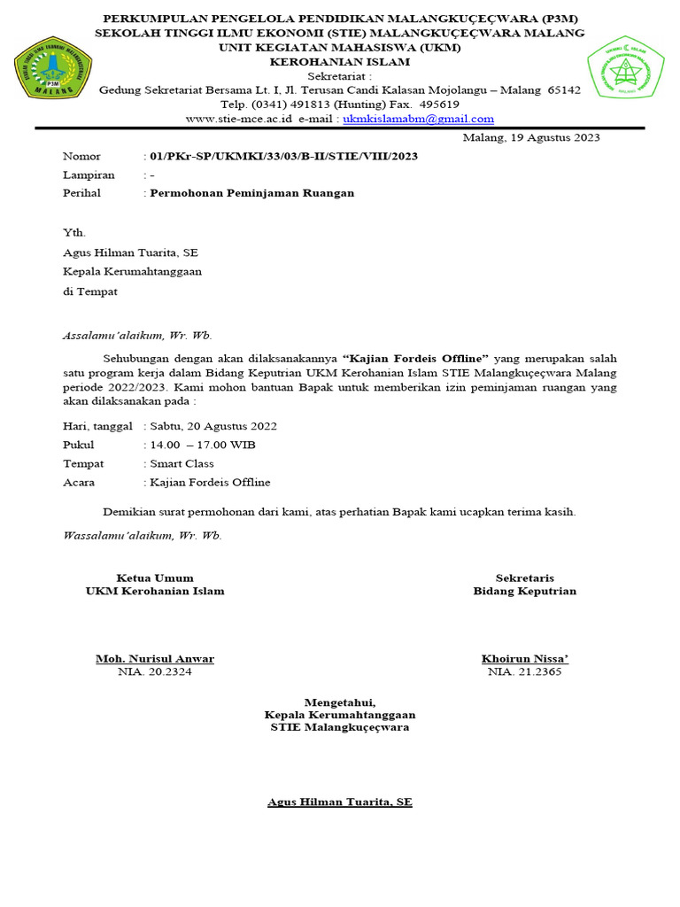 Contoh Surat Peminjaman Ruangan | PDF