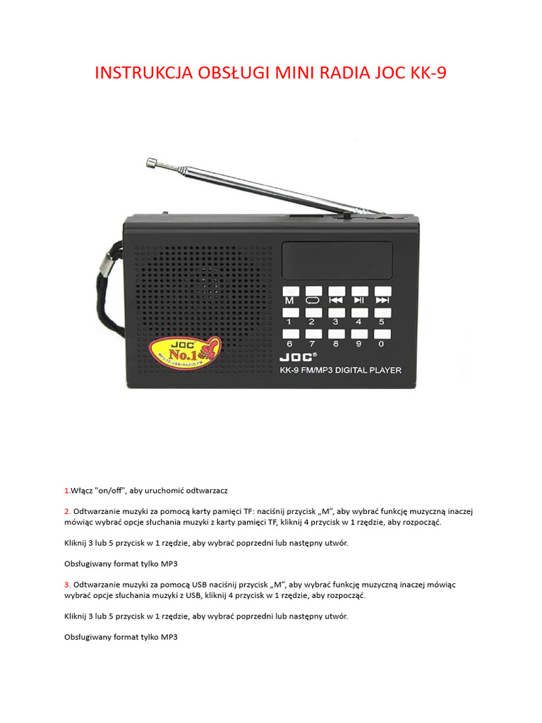 Instrukcja Obsługi Mini Radia Joc KK | PDF