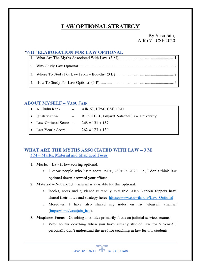 Law Optional Strategy by Vasu Jain | PDF | Career & Growth | Finance & Money Management