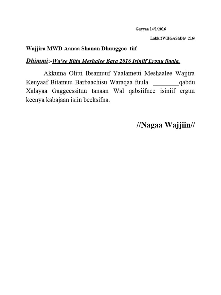 Xalayaa Waajjira Waldaa Hojii Gamtaa. | PDF
