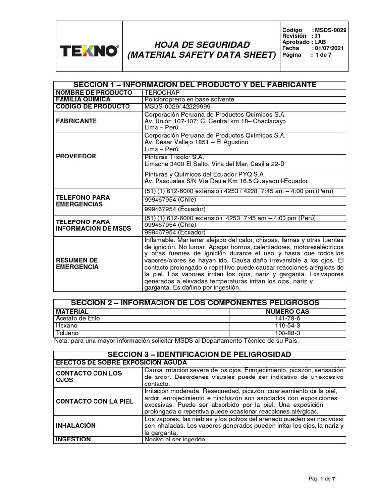 MSDS Terochap | PDF | Agua | Ventilación (Arquitectura)