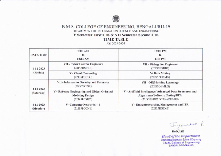 V Sem i Cie & Vii Sem II Cie Time Table a.y 2023-24 | PDF