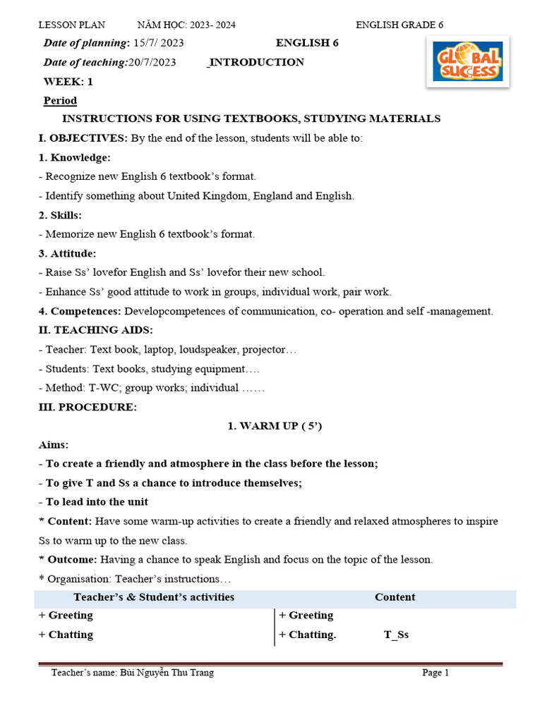 Giao An HK1 - Grade 6 | PDF | Lesson Plan | English Language