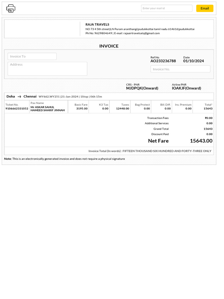 Invoice: Net Fare 15643.00 | PDF
