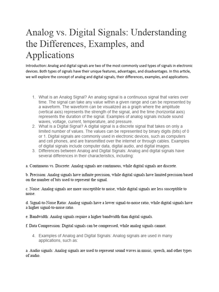 Analog Vs Digital Signals Understanding The Differences Examples And