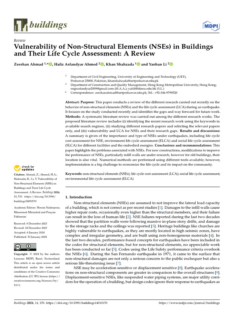 Vulnerability Of Non Structural Elements In Buildings Pdf Life Cycle Assessment Earthquakes