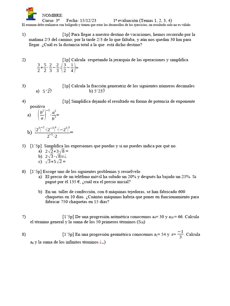 3º ESO 1 Evaluación Mate | PDF