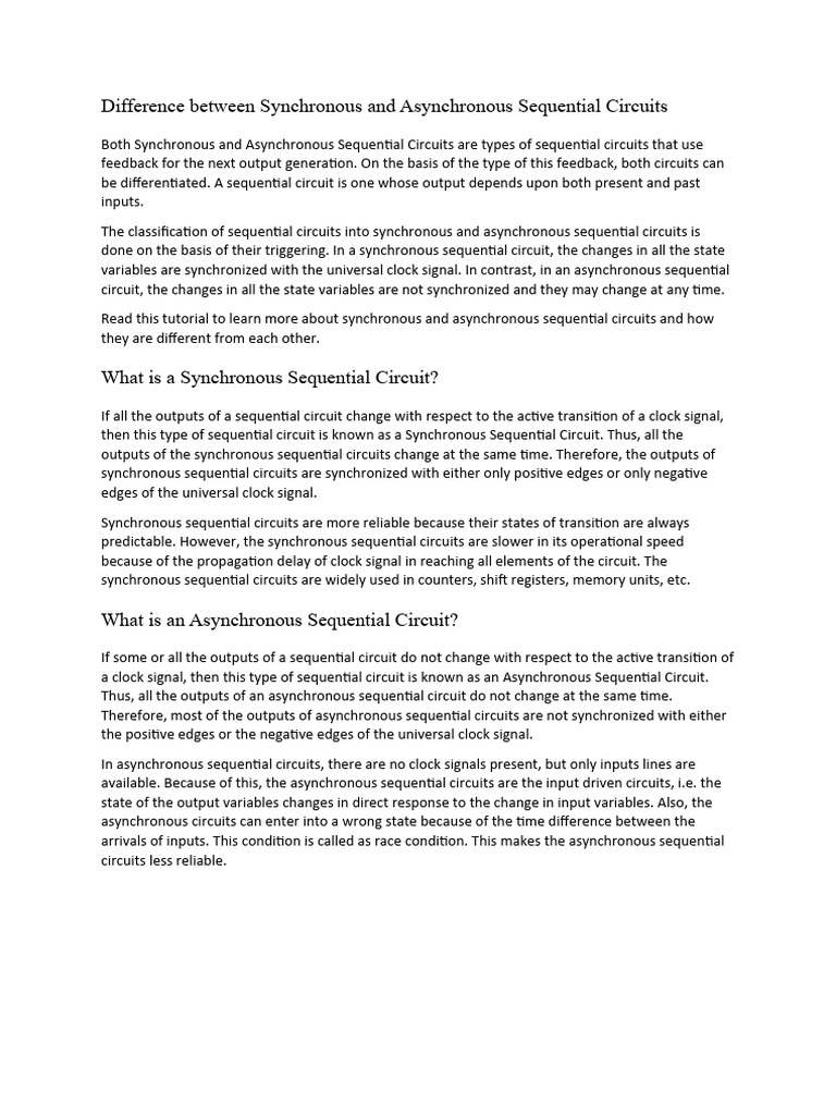 Difference Between Synchronous and Asynchronous Sequential Circuits | PDF