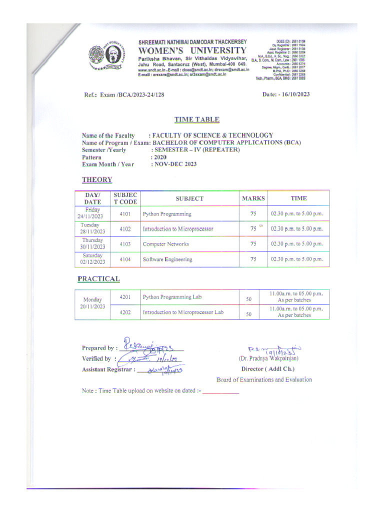 BCA 2020 Time Table Sem. IV Nov Dec 2023 | PDF