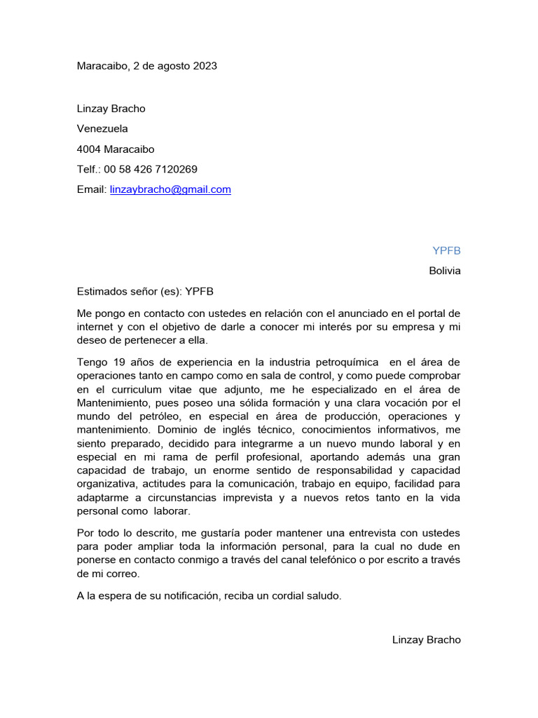 Carta Presentacion Ypfb.2023 | PDF