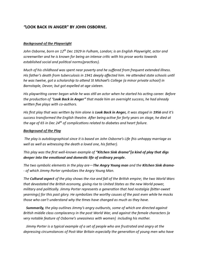 Look Back in Anger - Complete Note. | PDF | Anger