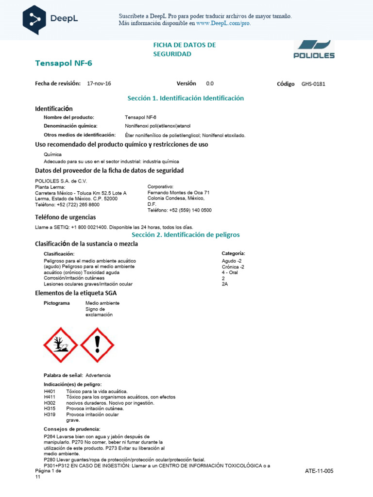 HOJA DE SEGURIDAD NONILFENOL 6 MOLES POLIOLES Es | PDF | Agua ...