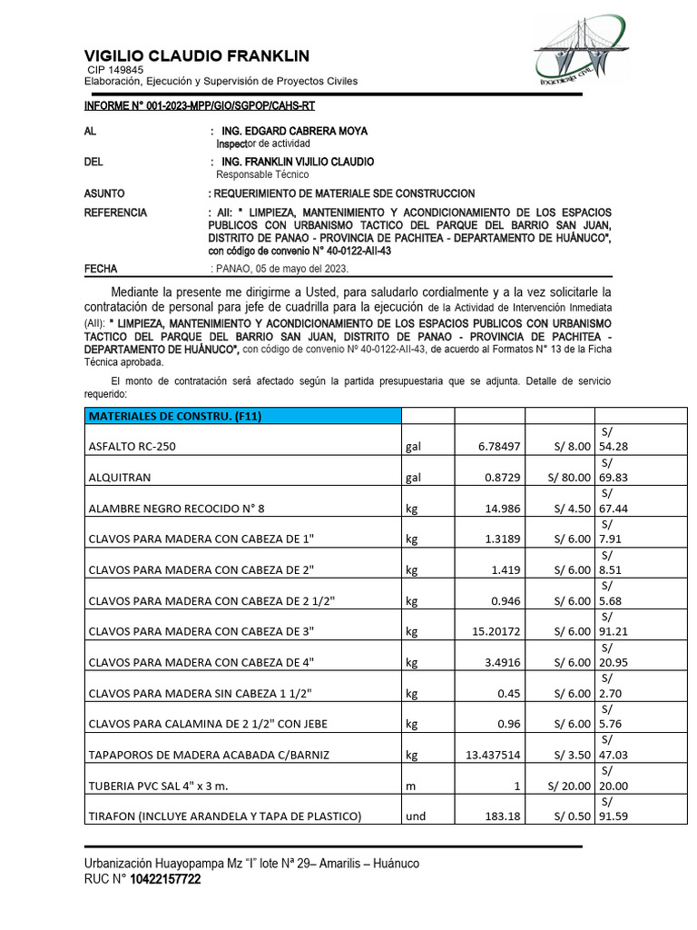 11.-Inf-Req. Materiales de Construccion | PDF