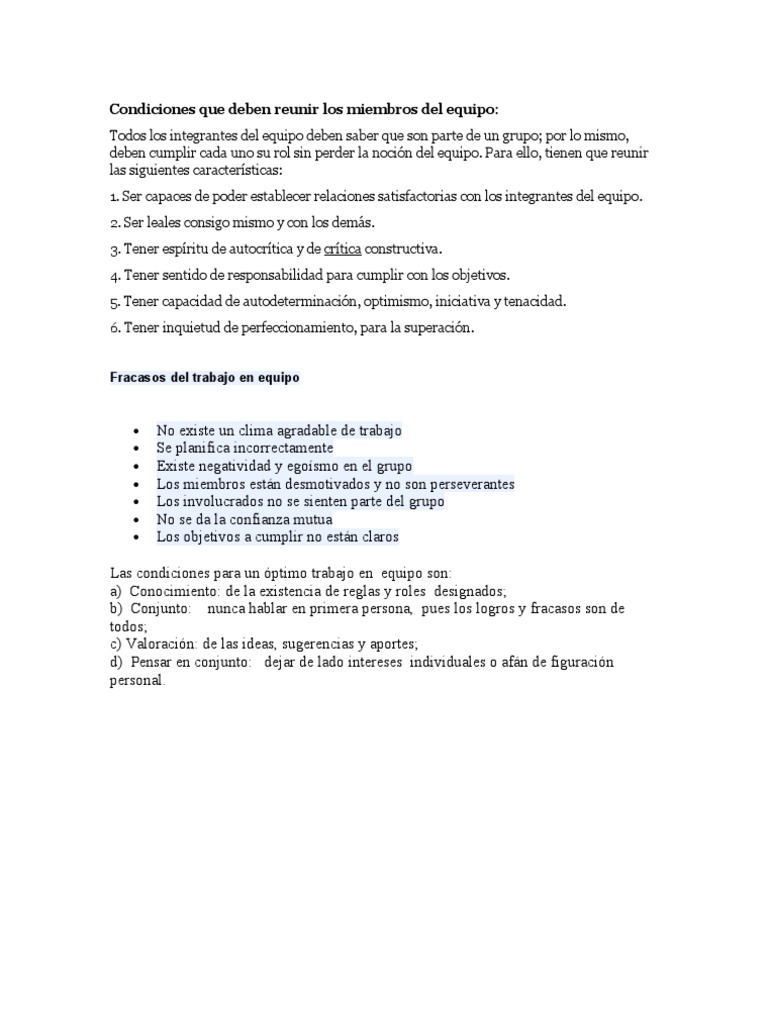 Condiciones Que Deben Reunir Los Miembros Del Equipo | PDF