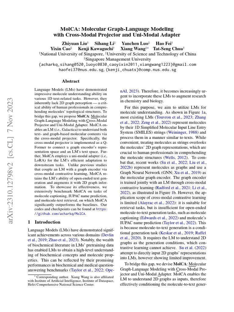Molca: Molecular Graph-Language Modeling With Cross-Modal Projector and Uni-Modal Adapter | PDF ...