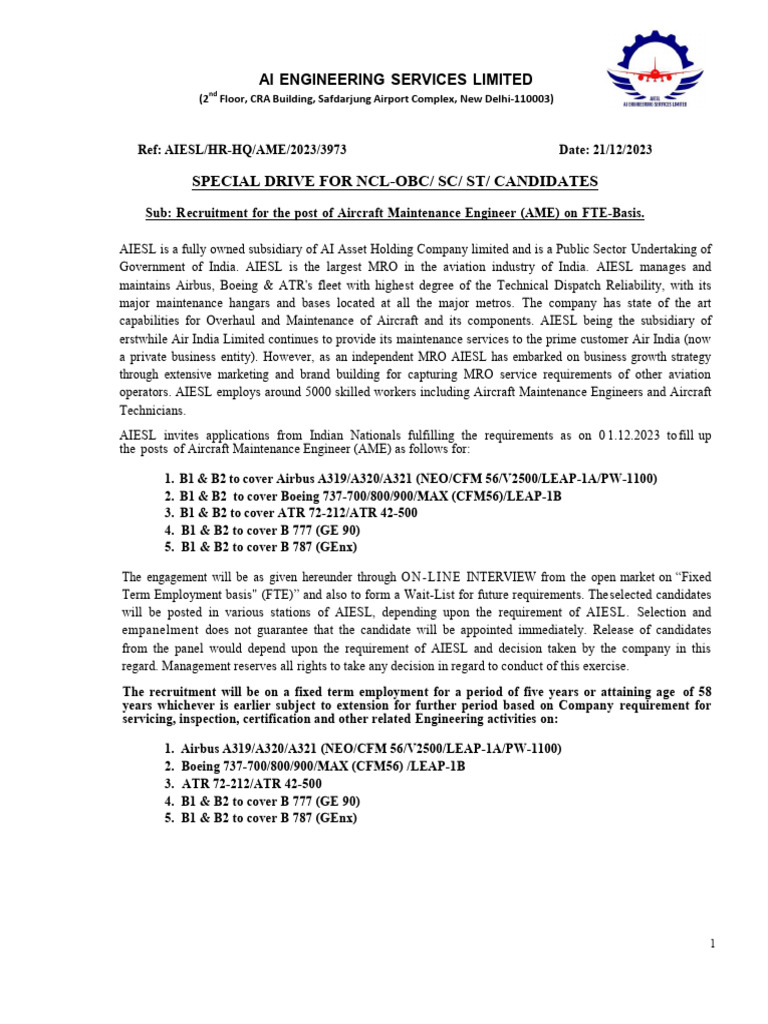 Microsoft Word-Advt - Walk-In - AME - Advt - Online Interview - AME - DEC 2023 - Special Drive ...