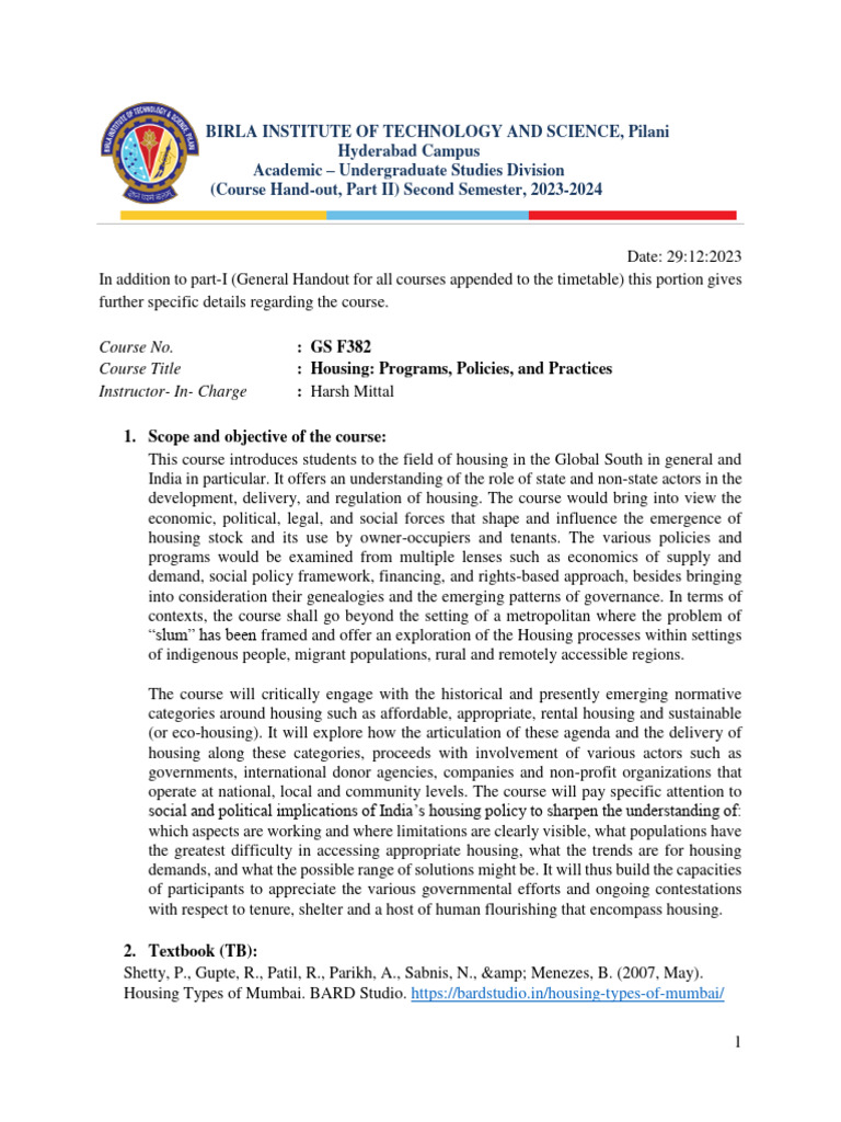 Housing - Handout - second sem 2023-24_240106_220508 | PDF