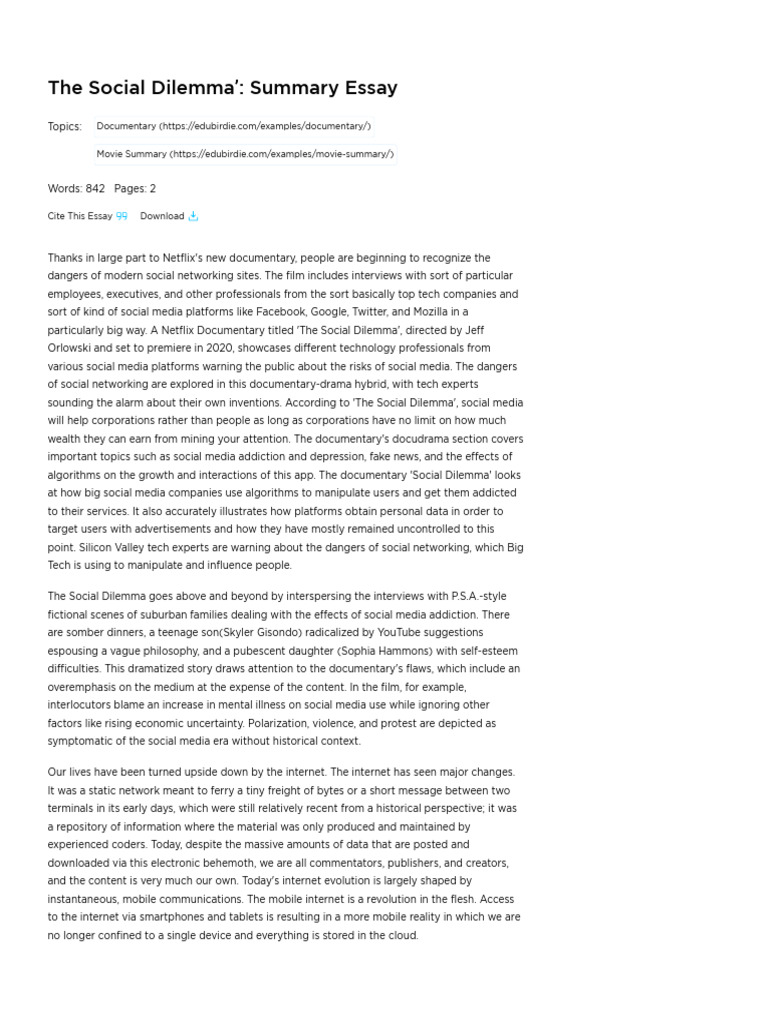 The Social Dilemma' - Summary Essay - Free Essay Example - Edubirdie ...