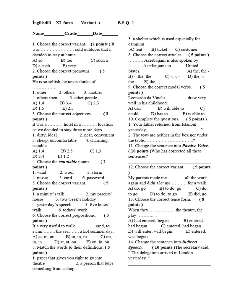 11-Ci Sinif BSQ Ingilis Dili | PDF