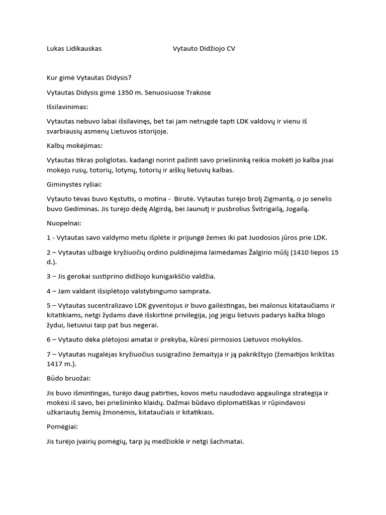 Vytauto Didžiojo CV | PDF