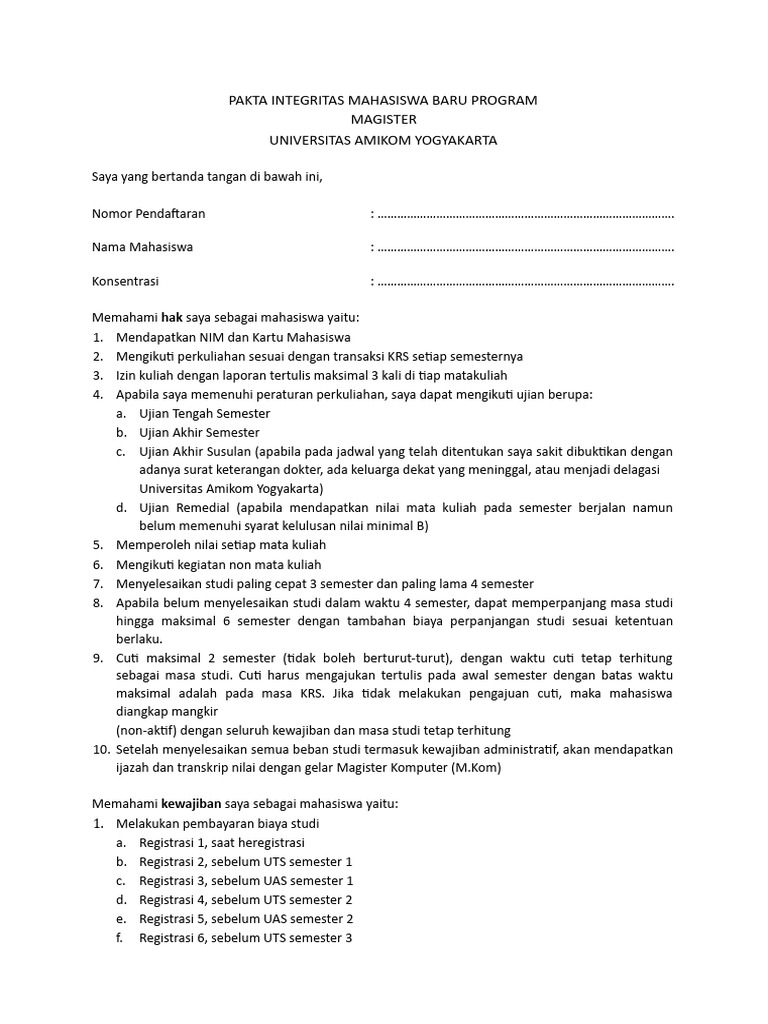 Pakta Integritas Mahasiswa Magister Amikom | PDF