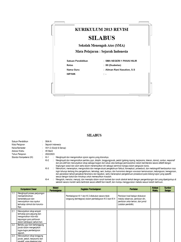 Silabus Sejarah Indonesia Kelas 12 (6 Kolom) | PDF