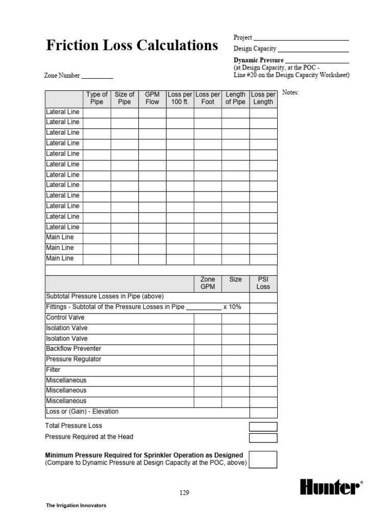 Friction Loss Calculation Worksheet | PDF