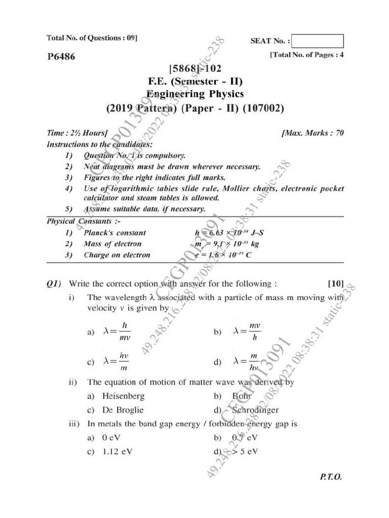 Engg. Physics Official Paper Solution | PDF | Wave Function | Waves