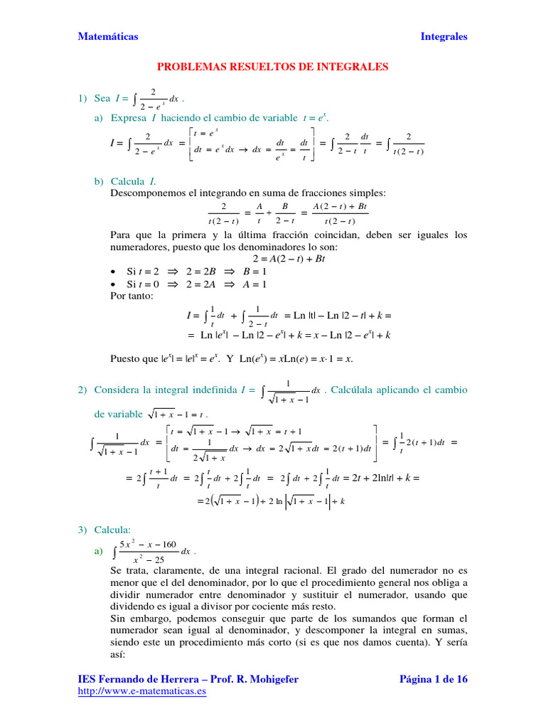 Problemas Resueltos de Integrales | PDF