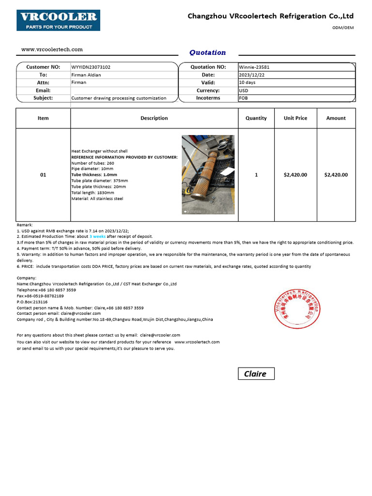 Heat Exchanger Quotation from VRCoolertech | PDF | Heat Exchanger ...