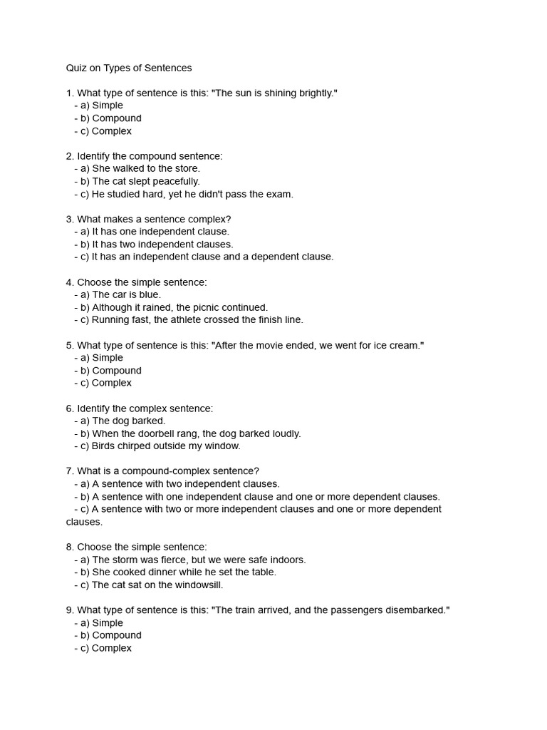 Quiz On Types of Sentences (Structure) | PDF
