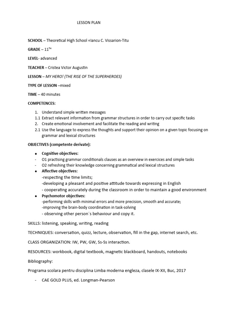 Proiect Lectie PT A A Xi-A Model Nou Eng. Insp | PDF | Teachers | Information