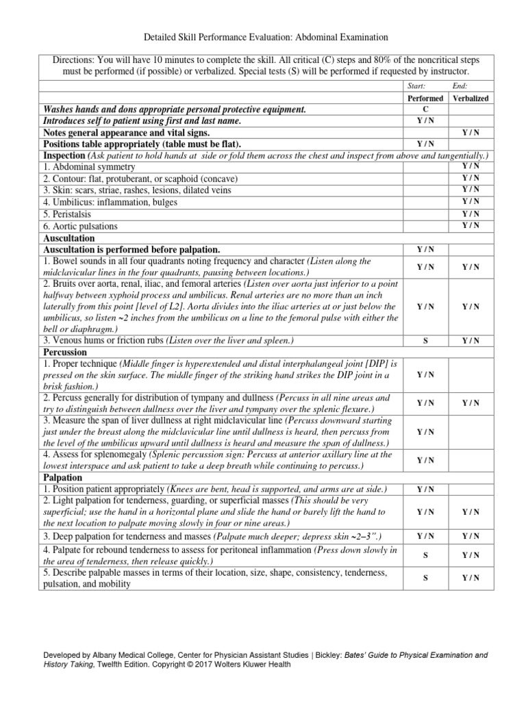 Abdominal Exam Detailed Skill Sheet | PDF | Clinical Medicine | Medical ...