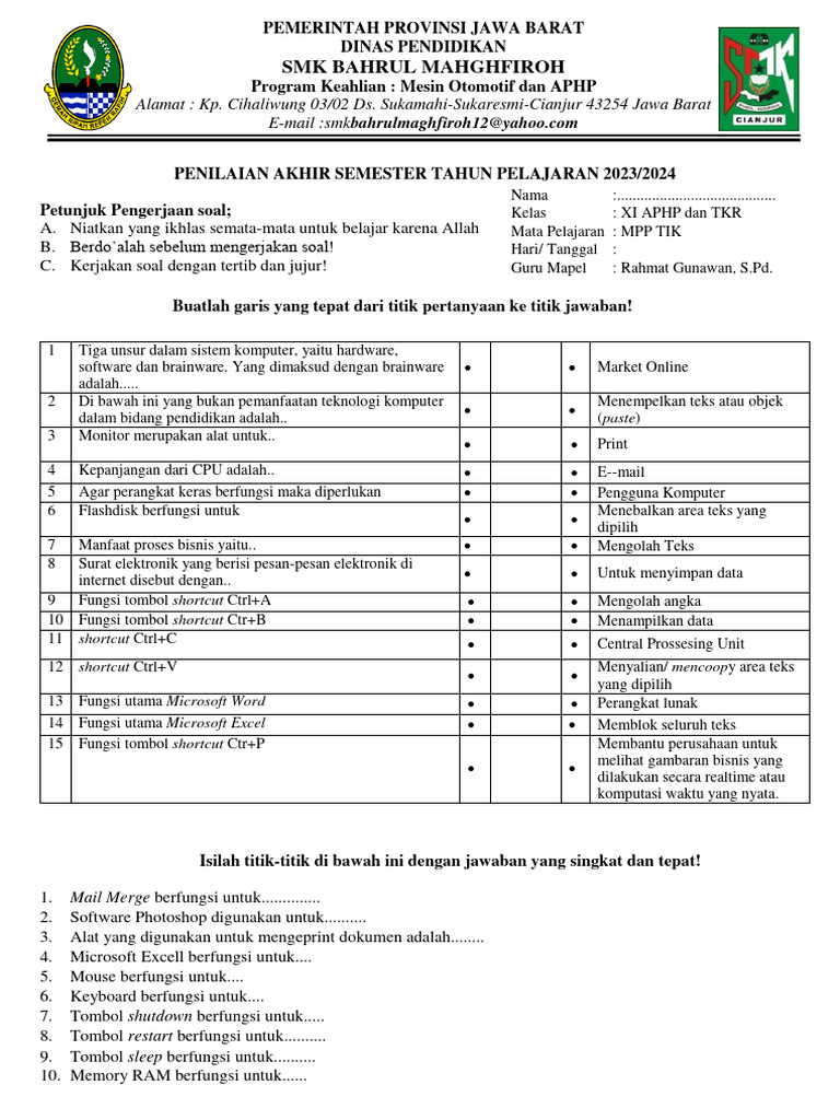 Soal Pas MPP Tik KLS Xi SMK BM 2023 | PDF