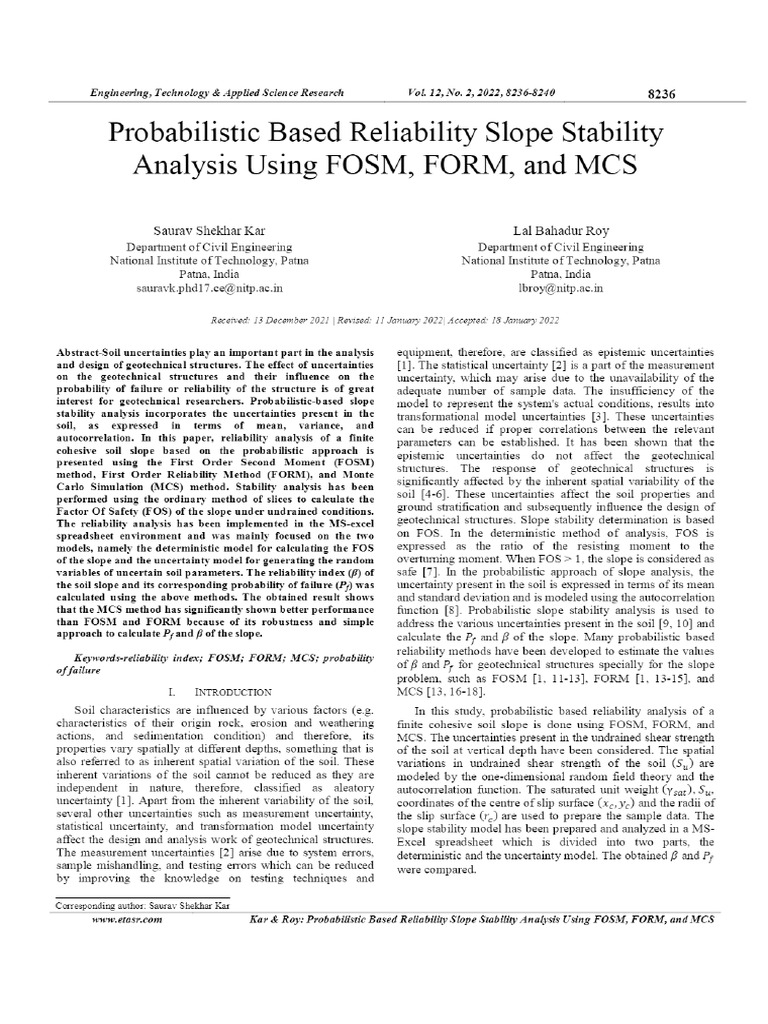 Probabilistic Based Reliability Slope Stability Analysis Using FOSM ...