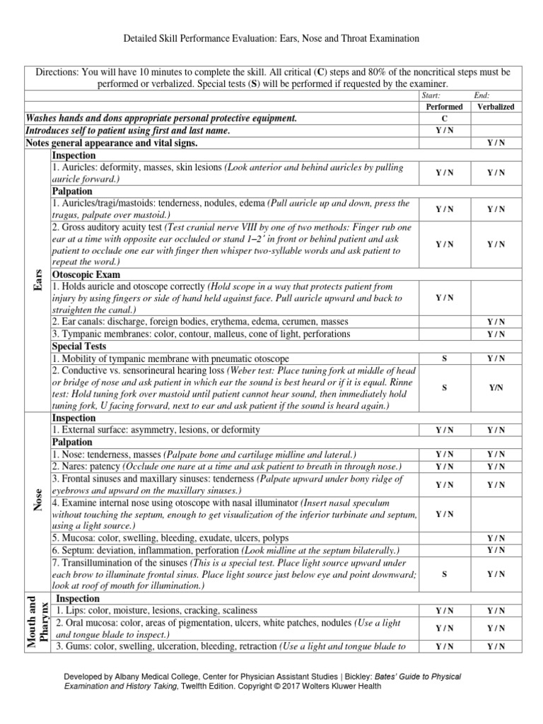 ENT Detailed Skill Sheet | PDF