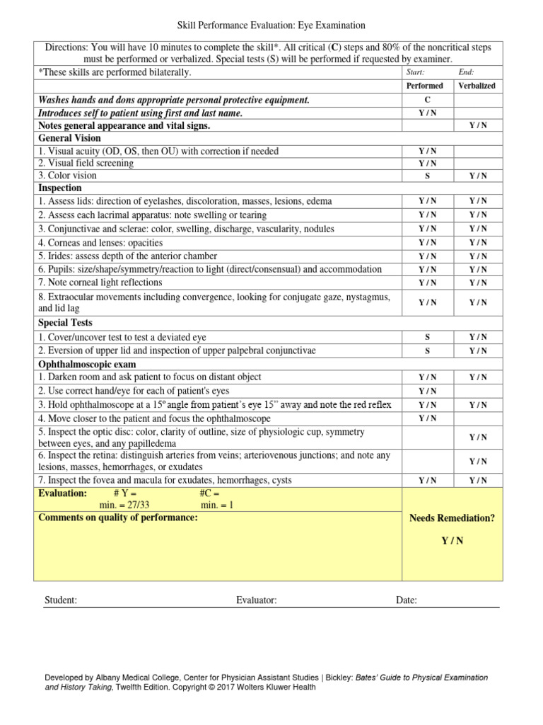 Eye Exam Skill Sheet | PDF | Human Eye | Medicine