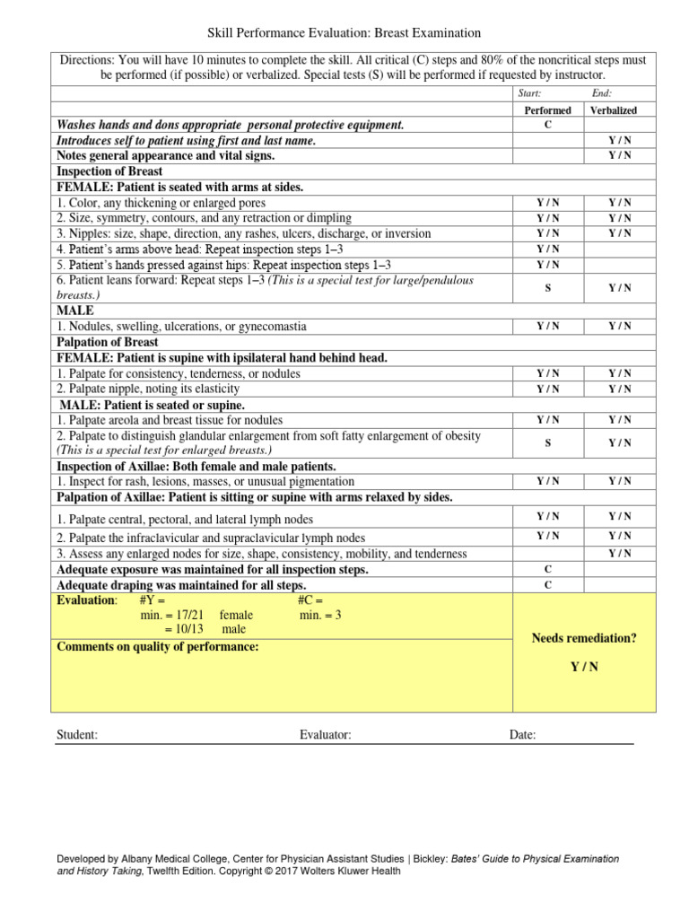 Breast Exam Skill Sheet | Download Free PDF | Breast | Physical Examination