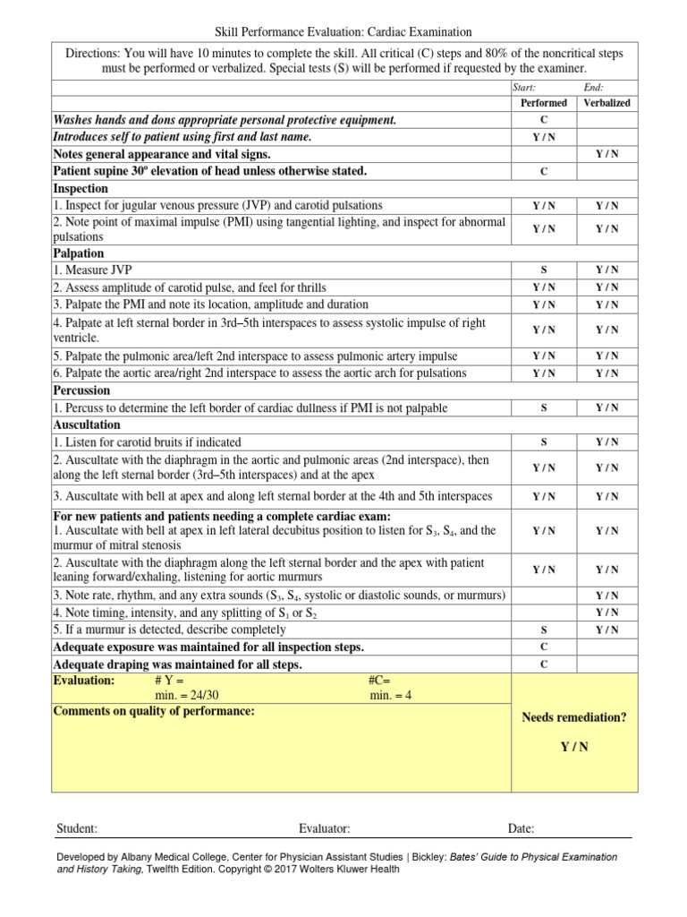 Cardiac Exam Skill Sheet | PDF