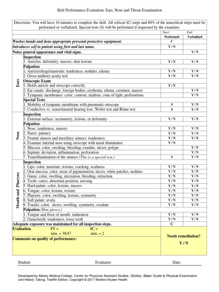 ENT Skill Sheet | PDF