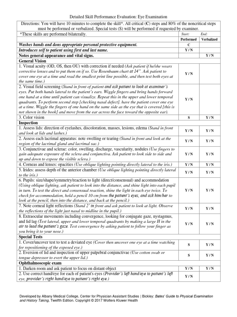 Eye Exam Detailed Skill Sheet | PDF