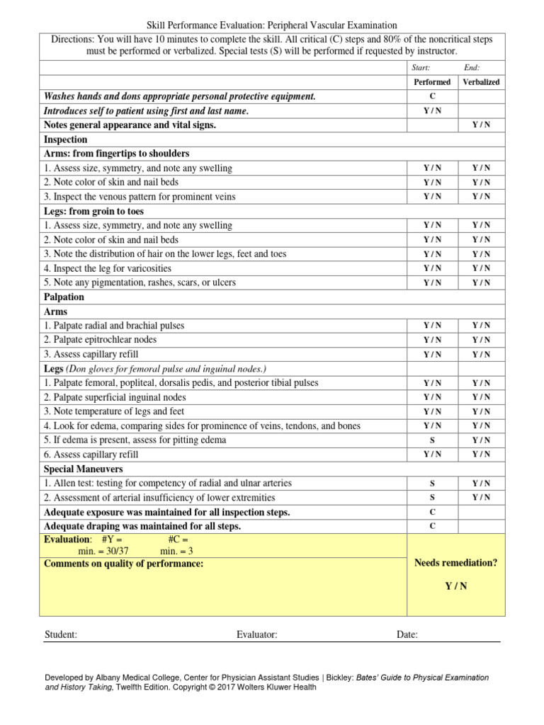Peripheral Vascular Exam Skill Sheet | PDF | Pulse | Vein