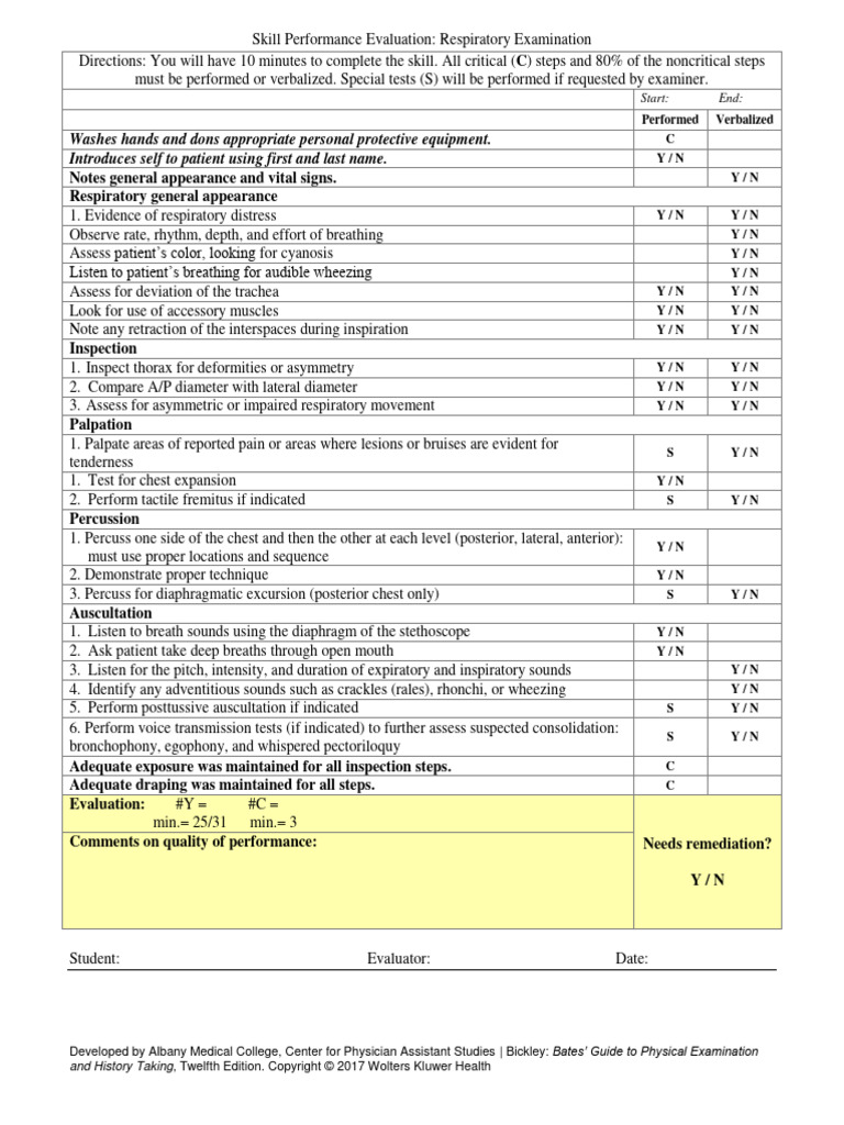 Respiratory Exam Skill Sheet | PDF | Medicine | Pulmonology