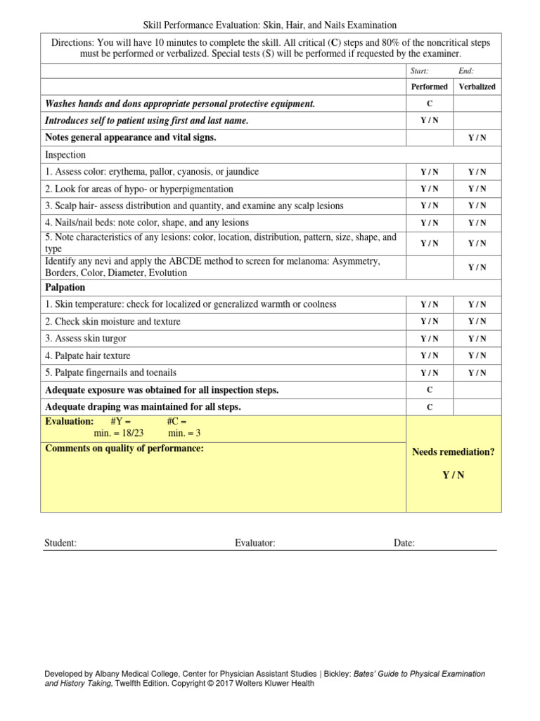 Skin Skill Sheet | PDF | Physical Examination | Nail (Anatomy)
