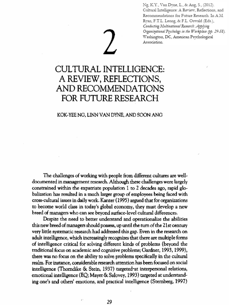 Cultural Intelligence - A Review, Reflections, and Recommendations For ...