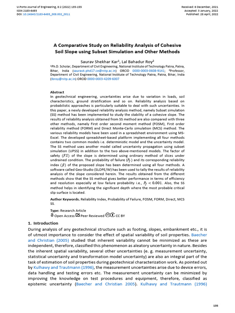 A Comparative Study On Reliability Analysis of CohesiveSoil Slope Using Subset Simulation and ...