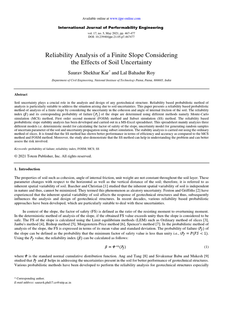 Reliability Analysis of a Finite Slope Considering the Effects of Soil Uncertainty | PDF