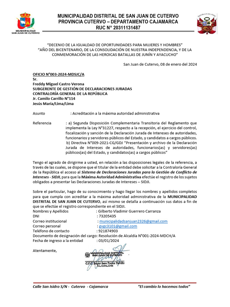 Oficio N°003-2024 Solicito Designacion de Maxima Autoridad para El Registro Ennel Sistema de ...